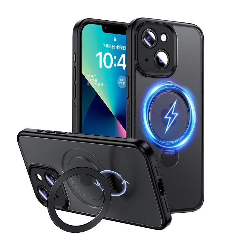 Magic John iphone13 ケース 半透明 商務 スタンド付き 隠し収納 スマホケース iphone 13 滑り止め 耐衝撃 カメラ保護 TPU製フレーム ズレにくい ホコリ付きにくい 携帯ケース iphone13 ブラック