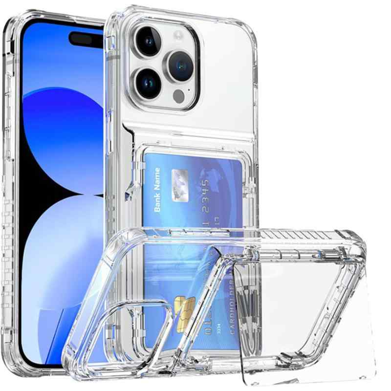 [La Momo] iPhone 互換品 ケース アイフォン カード収納 クリアケース 透明 全面保護 耐衝撃 バンパー スマホ 用 カバー スタンド機能 カードポケット付き シンプル 耐久性【カード収納】最大4枚入るカード入れポケット付き...