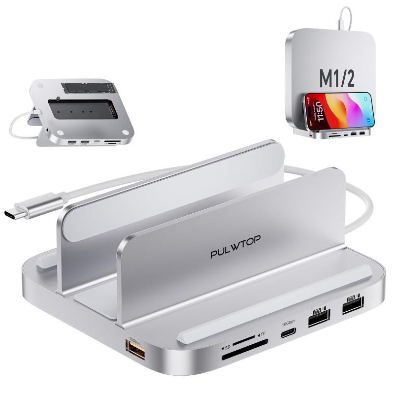 Mac mini Hub M1 M2 M.2 SSDエンクロージャ付き (M4 2024には対応していません)。8イン1 縦型 Mac ミニドックスタンド USB A/C 3.2 10Gbps、USB A 2.0 x 2、SD/TFスロット...