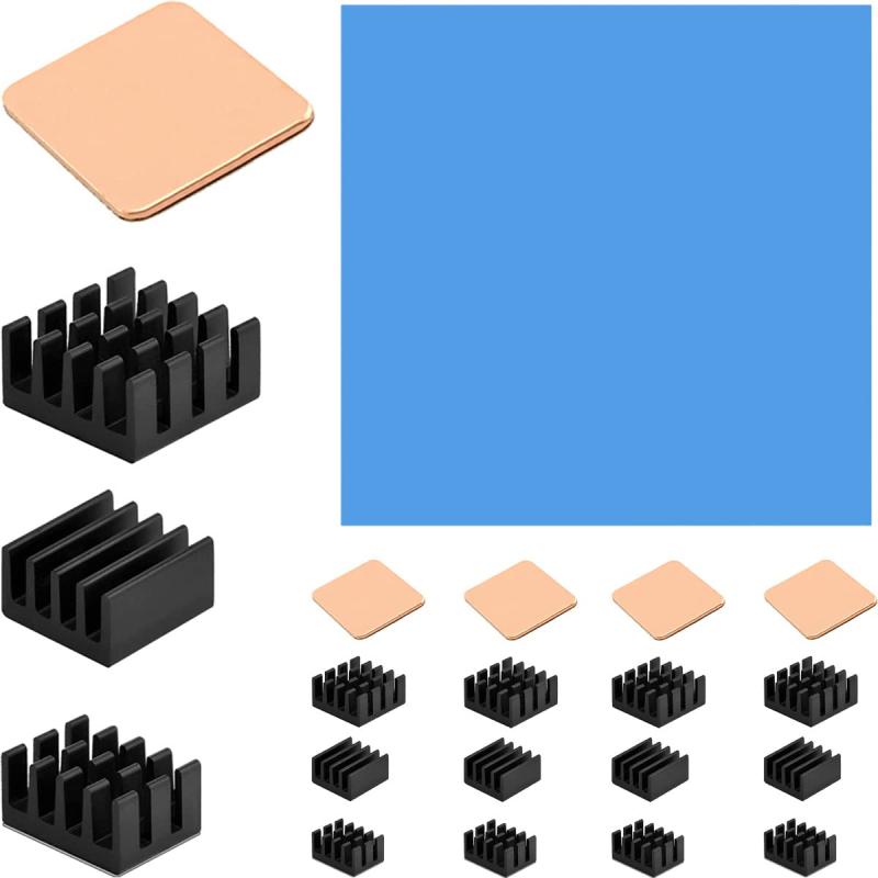 DAOKAI 21Pcs ヒートシンクキット アルミ + 銅クーラー冷却セット マザーボードを保護、Raspberry Pi 4、Raspberry Pi 3 B+用 熱伝導性粘着テープ付きパッケージ内容: 黒アルマイト15個 + 銅製ヒー...