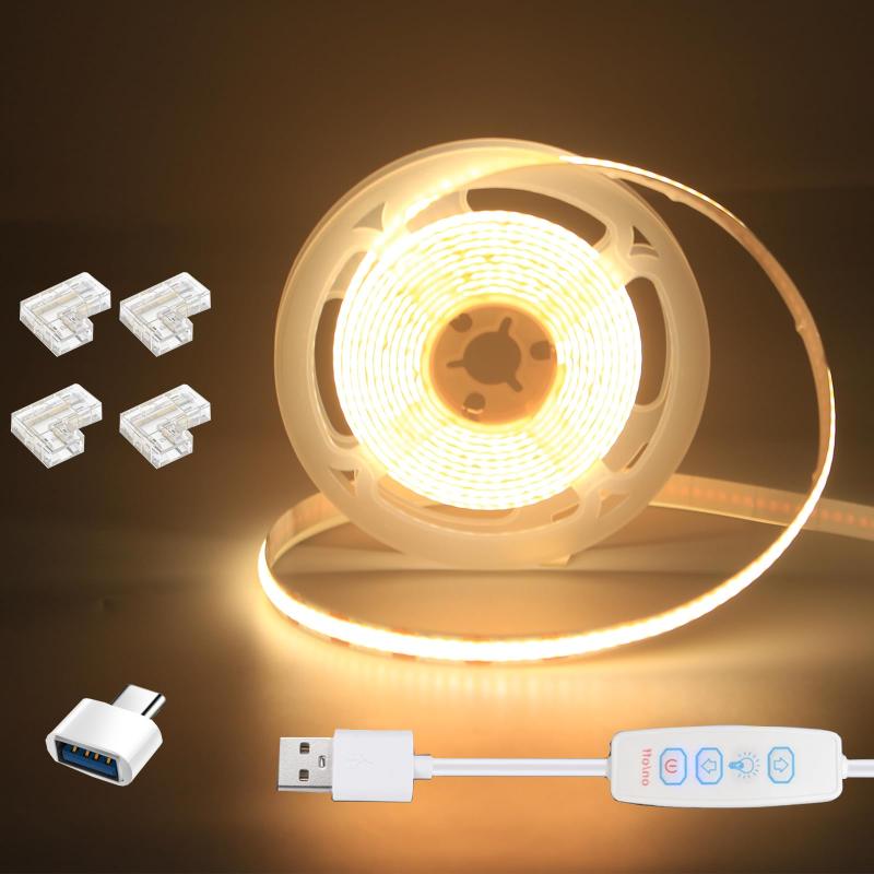FCOB ledテープライト COB LEDストリップ USB 5v 320LEDs/m 調光スイッチ 10段階調光 カット可能 高輝度 両面テープ設置