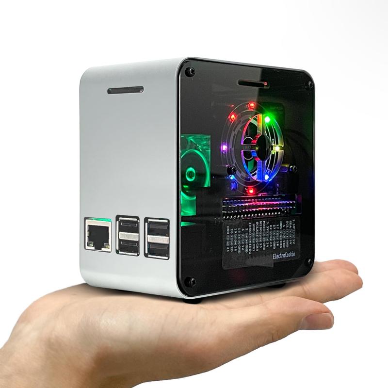 ElectroCookie Raspberry Pi 3ケース アルミミニタワーケース 冷却ファンと色が変わるアンビエントライト(シルバー&amp;ダークグレー)Raspberry Pi 3B用ミニチュアデスクトップスタイルケース(Pi 4...