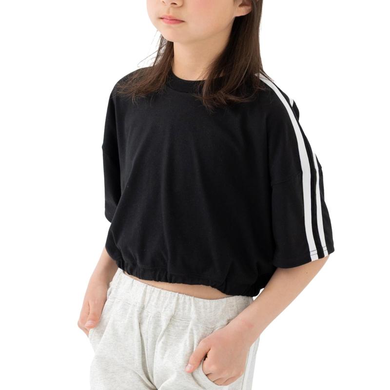 [chil2] キッズ Tシャツ 半袖 女の子 ショート丈 スポーツ 肩ライン 子供服 天竺 無地 110 120 130 140 150cmアクティブでおしゃれな女の子にぴったりなショート丈のTシャツ肩ラインのアクセントがスポーティーな雰...
