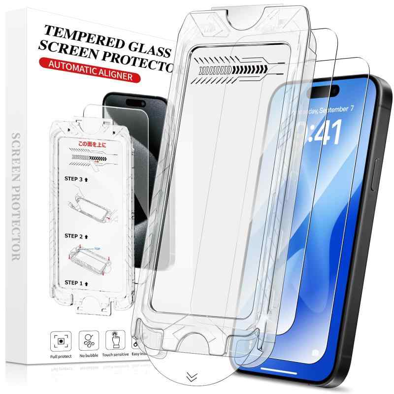 AUNEOS iPhone16ProMax 用 ガラスフィルム 2枚入 アイフォン16プロマックス用保護フィルム【ガイド枠付・初心者でも優しい】 いPhone16ProMax フィルム iPhone16ProMax ガラスカバー全面保護 日...