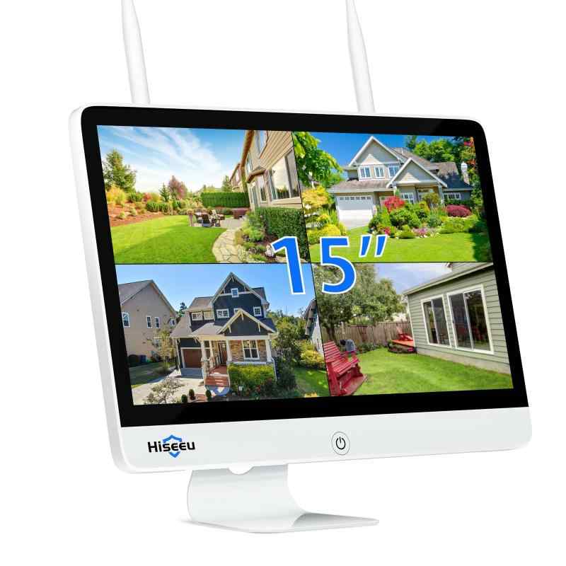 15 インチ LCD NVR 10 チャンネル 1944P/500万画素モーション検出ゾーン 内蔵スピーカー 24/7録画 電源ケーブルとHDDは含まれません Hiseeu ワイヤレスカメラ対応15インチモーター