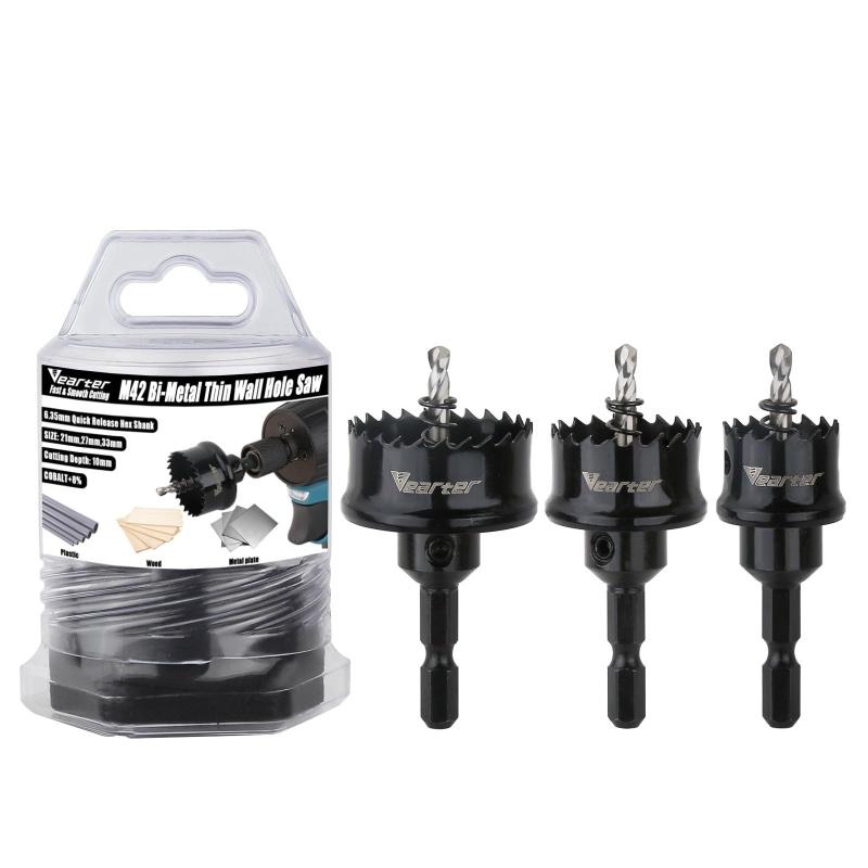 Vearter M42 バイメタルホールソーセット 3本組 21/27/33mm 薄壁 木工用ドリル 六角軸 ホルソー 穴開けドリル アーバー付き バイメタルホールソー 金属、木材、板金、銅、石膏、PVC、スチールプレパッケージ内容 - ホ...
