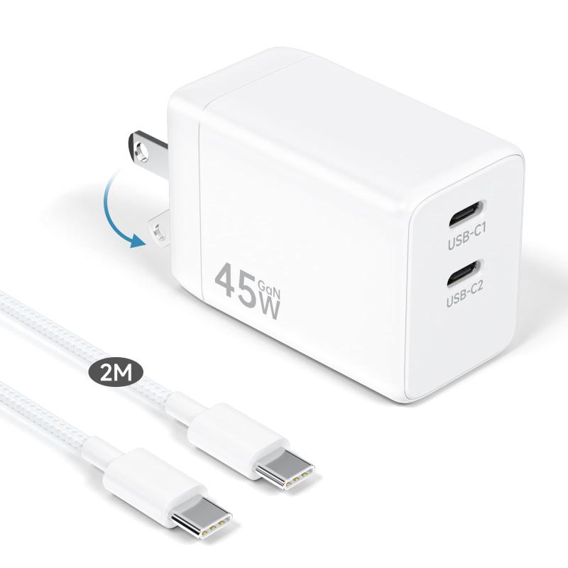 For iPhone17-充電器 45W Type-C PD USB-C 充電器 2ポート【2MC-Cケーブル】GaNFastII(窒化ガリウム)採用 超小型 折畳式プラグ アンドロイド充 電器 PD3.0/PPS規格対応/PSE技術基準適...