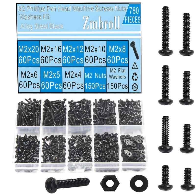 Zmbroll 780個 M2x4/5/6/8/10/12/16/20mm フィリップスなべ頭ねじ ブラックメトリック小ネジ 全ねじ炭素鋼ファスナーボルト ナット ワッシャー 詰め合わせキット万能な品揃え:当社のセットには、さまざまなサイズ...