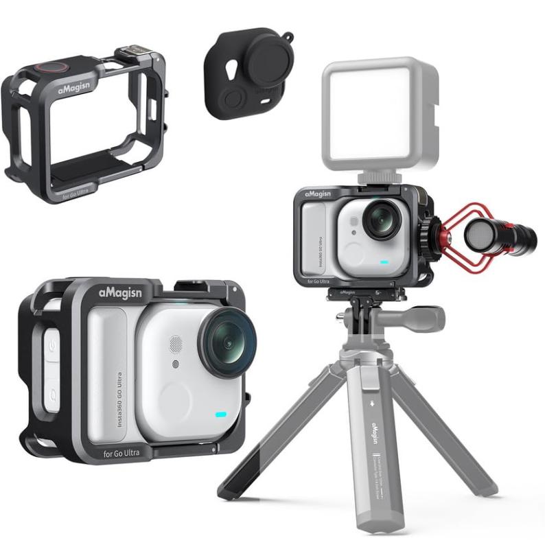 Insta360 GO Ultra 対応 カメラケージ アルミ合金 保護ケース フレーム,シリコンレンズキャップ付き コールドシュー溝付き 接続可能 三脚 自撮り棒 マイク1.Insta360 GO Ultra シリーズカメラ用に特別に設計...