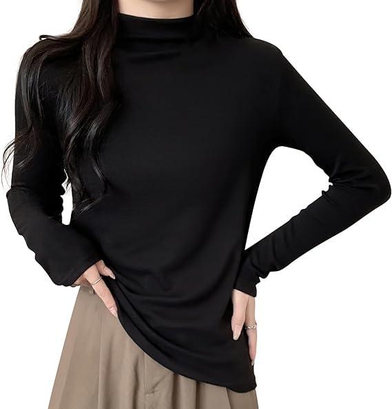 [Hesjobood] Tシャツ レディース 長袖 トップス ハイネック カットソー ティーシャツ 保温防寒トップス インナーシャツ 微起毛 インナー 無地 秋冬