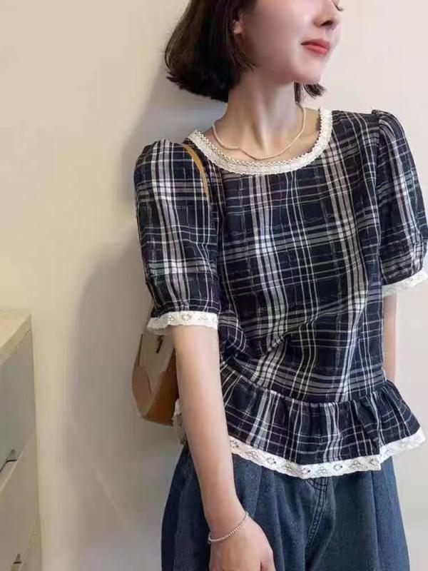 ・カテゴリ: shirts・主な素材: 綿・柄: ボーダー/チェック・スタイル: 切り替え・袖丈: 半袖・仕様: 砂洗い加工・シルエット: ルーズ・着丈: ミドル丈(50cm超65cm以下)・ネックライン: クルーネック・袖の形状: パフス...