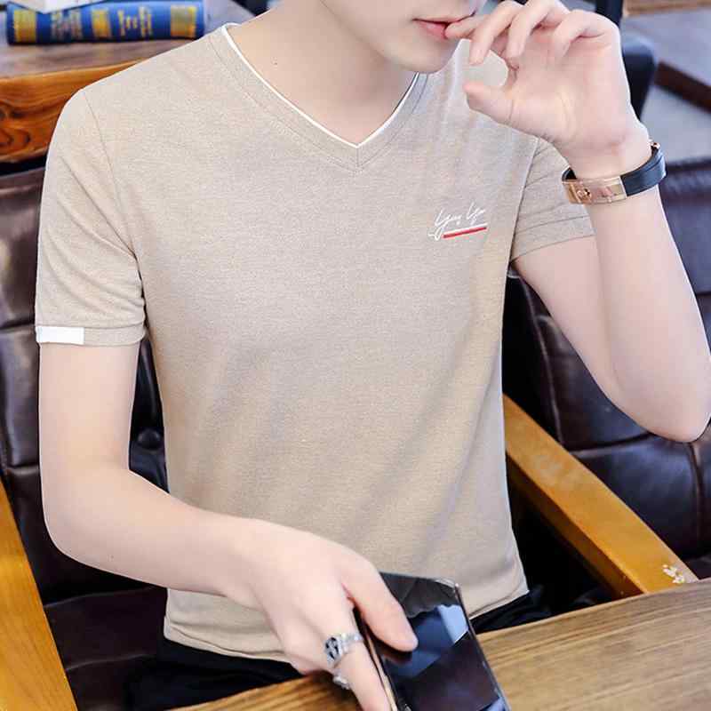 ・スタイル: 韓国風・柄: アルファベット、ロゴ・シルエット: スリムフィット・対象: ユース（18-24歳）、成人、メンズ・デザイン: プルオーバー・ネックライン: Vネック（襟なし）・袖丈: 半袖・厚さ: 薄手・素材: 化学繊維混紡（主...