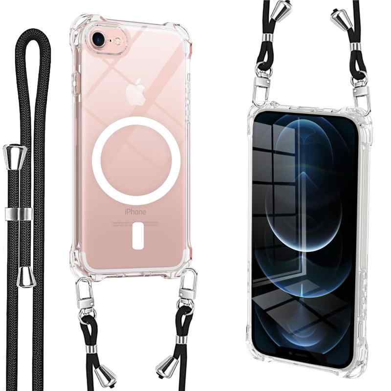 iPhone 12 用 ケース クリア magsafe対応 マグネット搭載 ショルダー ストラップ付 携帯カバー 耐衝撃 全面保護 アイフォン12 用 ソフトTPU 純透明 スマホケース 紐付き 肩がけ 首掛け 縄掛けケー