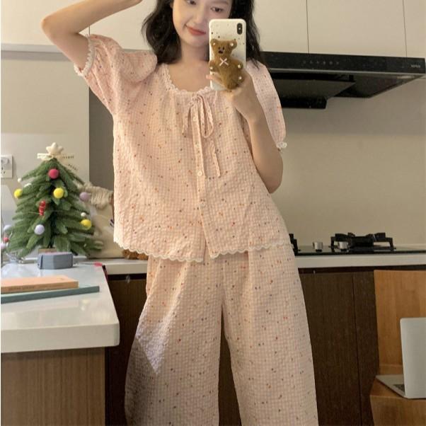 パジャマ レディース セットアップ チェック柄 小花柄 かわいい フリル シンプル ルームウェア 部屋着 快適・カテゴリ: パジャマ・素材: 綿100%・スタイル: シンプル・厚さ: 普通・生地の厚さ: 約181-200g/平米・ネックライ...