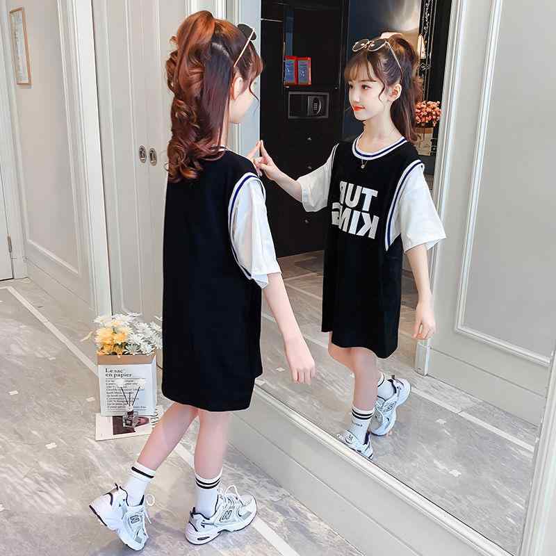 ・カテゴリ: ワンピース・スタイル: 韓国風・素材: 綿35%・対象性別: 女の子・対象年齢: 中大童（8歳以上、140cm以上）・柄: アルファベット・生地加工: プリント・スカートのデザイン: Aラインスカート・裏地素材: 綿・カラー展...