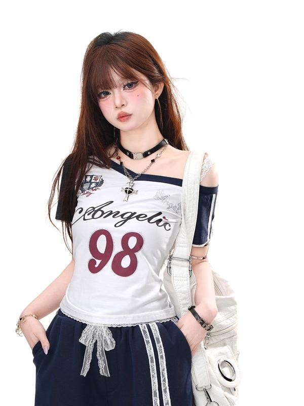 ・カテゴリ: Tシャツ・主な素材: ポリエステル・柄: 英字、数字、文字・スタイル: プルオーバー、ストリート系、きれいめ姉御風、セクシーギャル風・袖丈: 半袖・工芸: パッチワーク、ステッチ・シルエット: スリムフィット・着丈: 標準丈（...