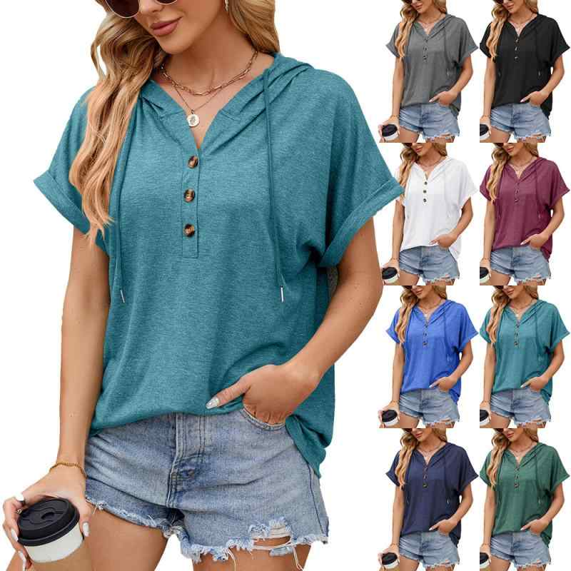 Tシャツ レディース 半袖 Vネック フード付き 欧米風 トップス ゆるシルエット カジュアル・素材: ポリエステル・綿・主素材: ポリエステル・柄: 無地・スタイル: プルオーバー・袖丈: 半袖・加工: 形態安定・シルエット: ルーズ・着...
