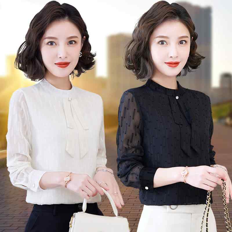 シャツ レディース 長袖 シフォン スタンドカラー 立ち襟 立ち衿 プルオーバー チュニック ブラウス メッシュ袖 ボウタイ リボン ボリューム袖 とろみ感 落ち感 エレガント きれいめ 上品 清楚 春夏 オールシーズン カジュアル 通勤 ...