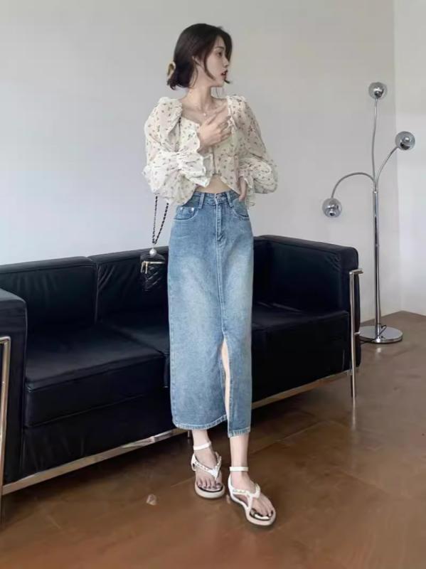 デニムスカート レディース Aライン ハイウエスト ミモレ丈 切り替え スリット タイト ストレッチ 伸縮性 美脚 オールシーズン カジュアル きれいめ・柄: 無地・生地名称: デニム・素材: 綿・スカート型: Aラインスカート・スカート丈...