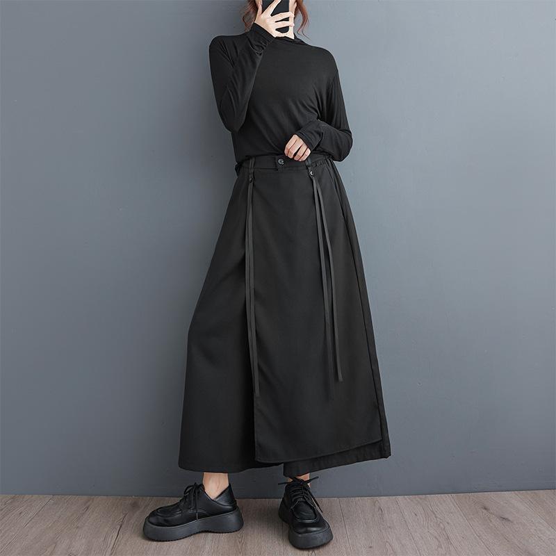 ワイドパンツ レディース ブラック Aライン キュロット スカート風 ハイウエスト ボトムス 体型カバー 落ち感 モード系 ストリート カジュアル シンプル 普段使い 美脚 きれいめ・素材: 綿麻・主素材: 綿・スタイル: 紐、都市風・パン...