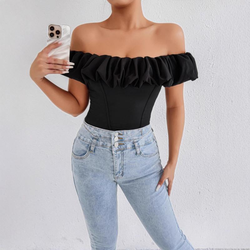 トップス レディース ノースリーブ フリル 欧米風 セクシー オフショルダー Tシャツ 肩出し 無地 カジュアル シンプル 春夏・素材: ポリエステル、スパンデックス・パターン: 無地・スタイル: プルオーバー・袖丈: ノースリーブ・加工:...