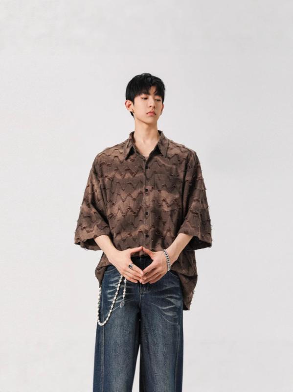 シャツ メンズ 半袖 レトロ フリンジ 切りっぱなし ウェーブ柄 デザイン ビッグシルエット 接触冷感 普段使い・素材: ポリエステル繊維95%・素材機能: 通気性・面料支数: 40番手・スタイル: 日系レトロ・タイプ: カーディガン・シル...