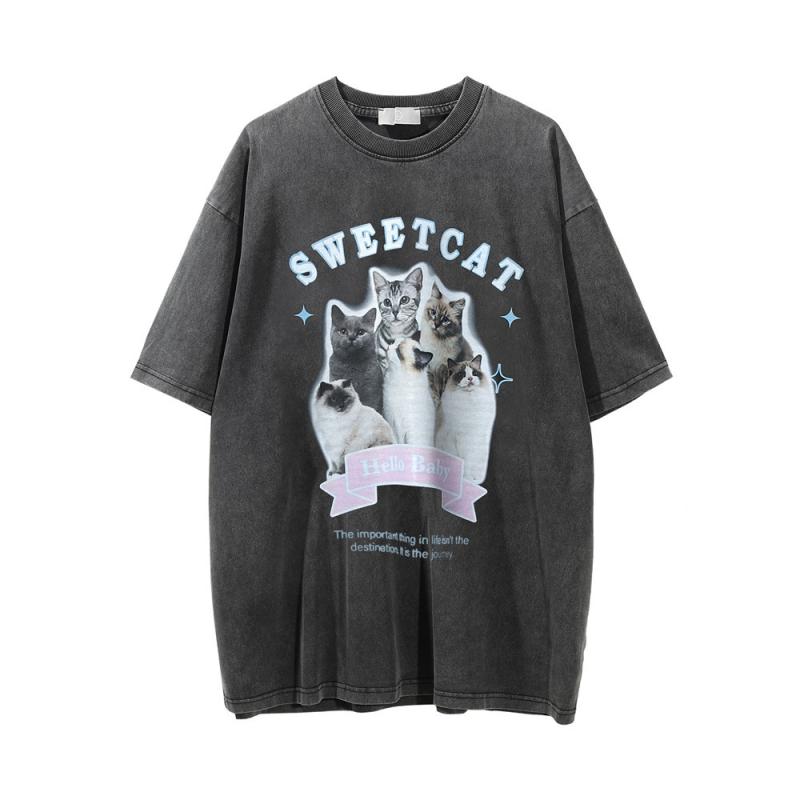 動物 小猫 印花 做旧 洗水 短袖 Tシャツ 男性 夏 休暇 ルーズ ワイド ラウンドネック トップス 街着・版型: 幅広め・主な素材: 綿・柄: 動物・スタイル: プルオーバー・襟タイプ: 無襟・ネックライン: ラウンドネック・袖丈: 半...