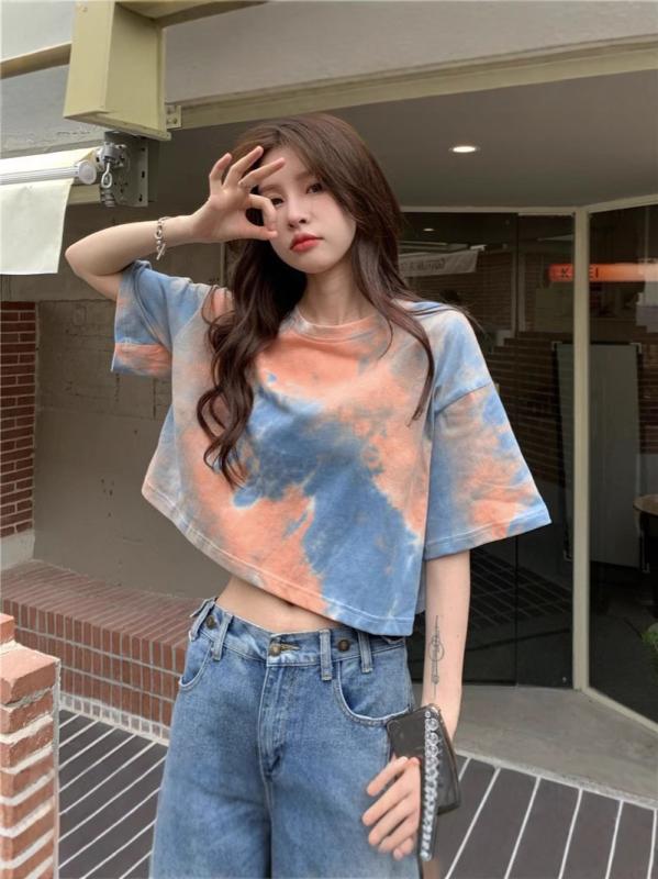 Tシャツ レディース トップス 半袖 夏 デザイン性 タイダイ柄 グラデーション 星空 ドーパミンカラー ショート丈 普段使い・カテゴリ: Tシャツ・素材: ポリエステル95%以上・柄: 宇宙星空・スタイル: プルオーバー、ストリート系、ト...