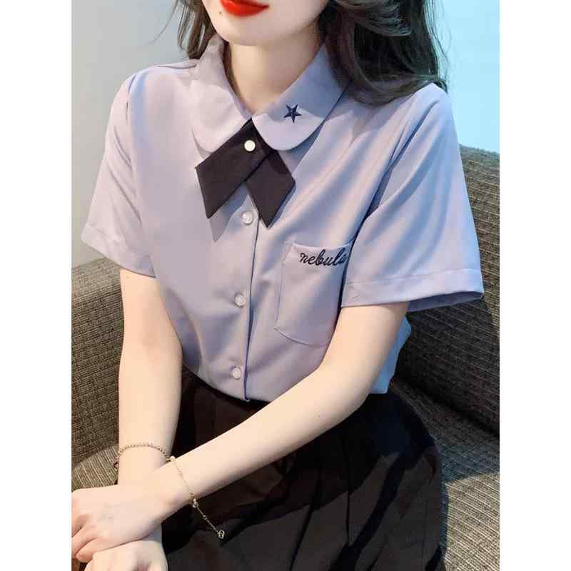 ブラウス レディース 半袖 白 春夏 学生風 刺繍 JK 制服風 ボタン 学院風 韓国ファッション 短丈 襟付き・素材: ポリエステル70-80%・袖丈: 五分袖・ネックライン: POLO襟・袖型: 通常袖・カラー展開: 白色小泰刺绣単体,...