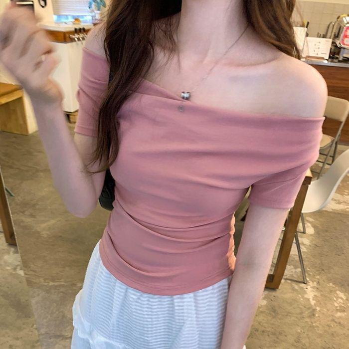 Tシャツ レディース カットソー トップス ドレープネック オフショルダー 半袖 スリム クロップド丈 春夏 スタイルアップ カジュアル 普段使い 伸縮性・素材: ポリエステル・素材構成: ポリエステル・素材構成2: スパンデックス・柄: ...
