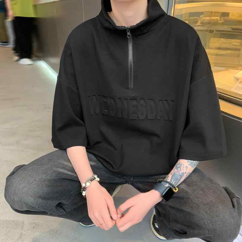 Tシャツ メンズ ハイネック ジッパー 刻印 ストリート系 アメリカン ヘビーウェイト デザイン 個性的 夏・カテゴリ: Tシャツ・スタイル: アメカジヴィンテージ・型: プルオーバー・シルエット: ルーズフィット・ネックライン: スタンド...