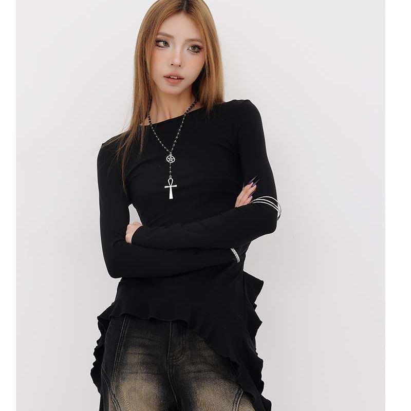 長袖Tシャツ レディース ギャル系 フリル ボウタイ ウエストシェイプ 着痩せ プリーツ インナー トップス トレンド デザイン カットソー素材 伸縮性 無地 オールシーズン 普段使い お出かけ・カテゴリ: Tシャツ ・素材: ポリエステル...