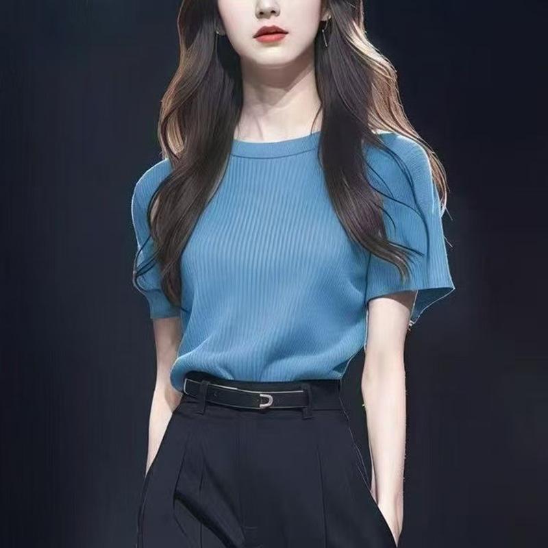 Tシャツ レディース ラウンドネック 半袖 ニット トップス スリムフィット 無地 着回し シンプル ベーシック 着痩せ きれいめ 普段使い・生地名: ニット・主な素材: ポリエステル・素材成分2: スパンデックス・柄: 無地・スタイル: ...