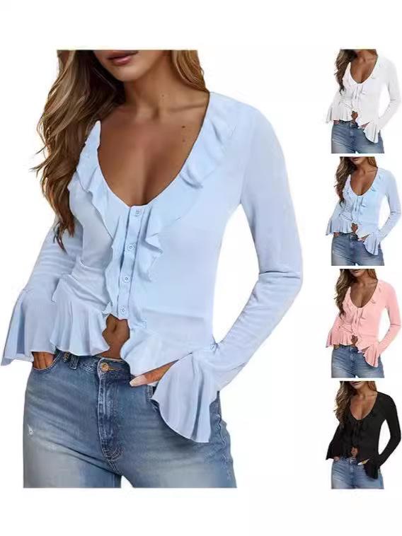 Tシャツ レディース 長袖 カットソー トップス Vネック フリル 荷葉辺 ベルスリーブ 喇叭袖 ボタン ウエストシェイプ タイト 細見え スリム フィット Y2K カジュアル レトロ エレガント 薄手 伸縮性 ストレッチ 無地 インナー ...
