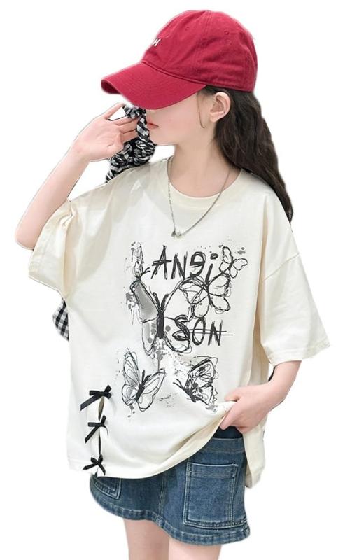 [ZHENGTU] CAIXINGYI 女の子 Tシャツ カットソー ガールズ 夏 半袖 クールネック リボン プリント スリット 着回し ドロップショルダー 快適 シンプル ファション ストリート系 通学 普段着 ビーチこれからの季節大活...