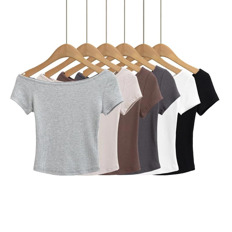 Tシャツ レディース 半袖 カットソー トップス 斜め肩 肩出し アシンメトリー スリム 細見え ショート丈 露臍 へそ出し インナー 無地 洋風 着痩せ シンプル 普段使い カジュアル ブラック ホワイト サマー【商品詳細】● 生地名称:...