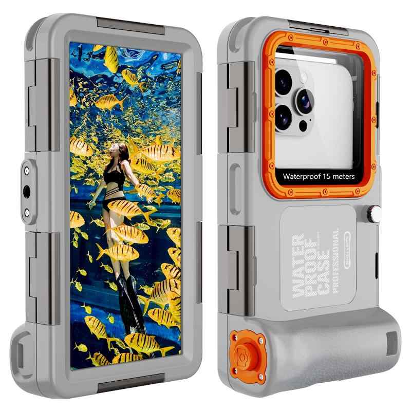 潜水用ケース iphone 水中撮影 ケース防水 スマホ用 水中撮影 写真 IP68標準防水レベル 水深さ15mで潜水 水泳 ポーチ お風呂 海水浴 夏フェス 温泉 お釣り ストラップ付き iphone専用(グレー+オレ1