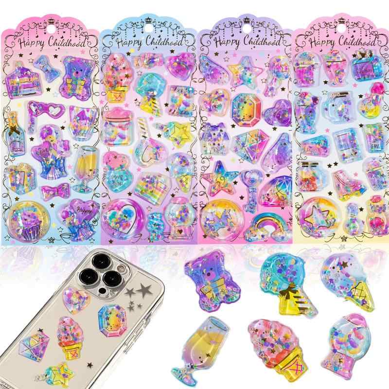 ウォーターシール ぷにぷに水入りシール 3D立体ステッカー 4枚セット スパンコール入り キラキラ可愛い 動物 キャラクター ごほうびステッカー デコシール 水筒 スマホケース 手帳 ノート 【ぷにぷに可愛い3D立体ウォーターシール】 注水...