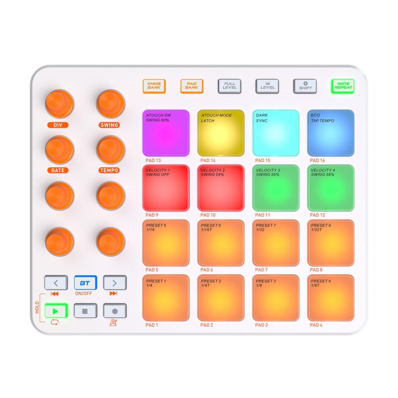 summina MIDIコントローラー、16個のRGBパッド、8個のノブ、6個のカスタマイズ可能なボタン、ワイヤレス充電式2000mAhバッテリー、USB MIDI接続付き、音楽制作初心者、プロフェッショナル向け【ワイヤレスの自由さと多用途...