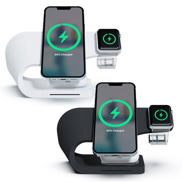 商品名miak 3in1 Wave ワイヤレス充電スタンド商品説明・iPhone、Apple Watch、AirPodsを3台同時ワイヤレス充電・マグネット式充電スタンド。MagSafe機能付きのiPhoneに対応、iPhone とAppl...
