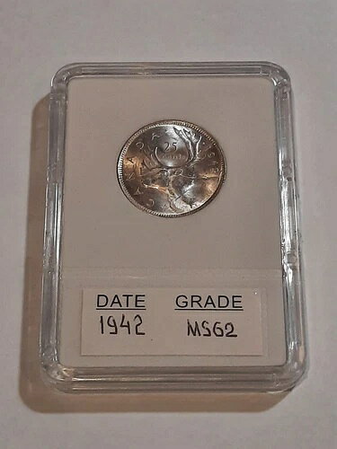 1942 Canada Silver 25 cents King George VI Ungraded In Preservation Slab商品について原産国：カナダ流通/非流通：流通額面：25セント材質：銀特徴：記念品グレード：未鑑定...