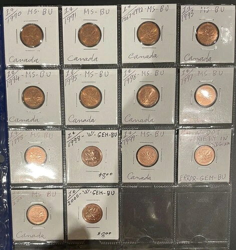 1990 TO 2000w BU CANADA SMALL CENT SET of 14 COINS in 2X2 Rare Dates 1988w-2000w商品について出品者コメント「1990〜2000年 カナダ スモールセント コイン...
