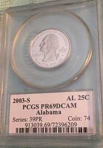 2003 S 25c Washington Quarter (Alabama), PCGS PR 69 DCAM商品について発行年：2003年修正品番号：グレード：PR 69 DCAM額面：25セント鑑定番号：72396209種類：単品コイ...