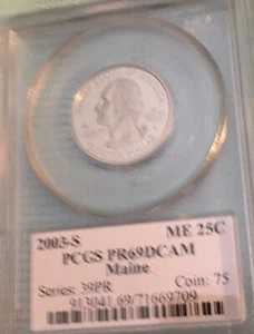 2003 S 25c Washington Quarter (Maine), PCGS PR 69 DCAM商品について発行年：2003年修正品番号：グレード：PR 69 DCAM額面：25セント鑑定番号：71669709種類：単品コイン造...