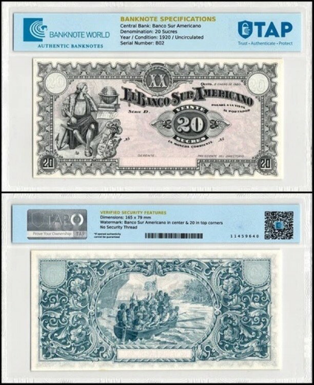 Ecuador 20 Sucres, 1920, P-S253ar, UNC, Unsigned Remainder, Authenticated商品について販売者メモ「未流通紙幣。お得な情報をご覧になるには、当店をフォローしてください。米...