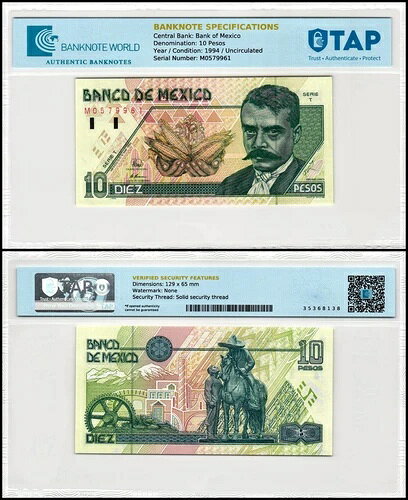 Mexico 10 Pesos, 1994, P-105a, UNC, Series and Signatures Vary, Authenticated商品について認証：未認証流通/非流通：非流通国：メキシコ製造国/地域：メキシコグレード...