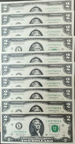 *Lot of TEN (10) 2017A CRISP $2.00 Bills Uncirculated Seq.* Collector Grade *商品について流通/未流通額面 2ドル種類 連邦準備銀行券年 2017Aグレード 未評価...