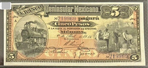 1914 Mexico 5 Pesos El Banco Peninsular Mexicano UNC - High Grade!商品について流通/非流通 非流通種類 紙幣年 1914年国 メキシコグレード 未鑑定製造国/地域 メキシコ認...