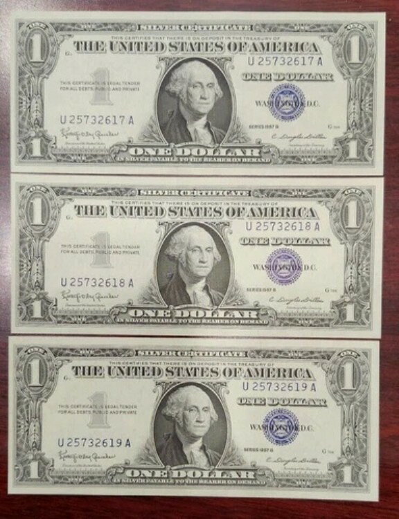 Lot of 3 1957B $1 Silver Certs - UNC - Consecutive Serials - Crisp商品について出品者メモ「詳細は写真をご覧ください」額面：1ドル流通/非流通：非流通種類：銀貨証明書年：195...
