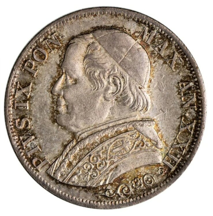 ITALY. Papal States Pius XI 1868 XXII-R Silver 1 Lira 5.00 gr, 23 mm UNC KM-1378商品について販売者メモ「淡い金色の色合い、UNC」額面：1リラ流通/非流通：非流...